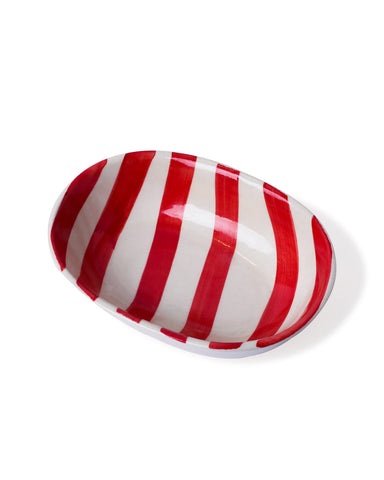 Hand-Painted Red Striped Oval Bowl | Unique Ceramic – Alamkari